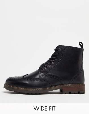 Red Tape Wide Fit – Schnürboots im Budapester-Stil aus schwarzem Leder ...