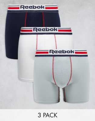 Reebok Brogan 3 pack sports trunks in navy white and grey | ASOS
