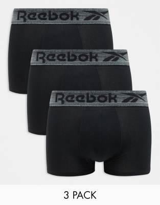 Reebok Mair 3 pack trunks with grey waistband in black | ASOS