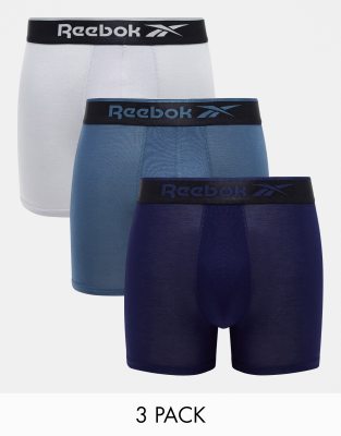 Reebok Malone 3 pack trunks with shine waistband in navy blue and grey ...