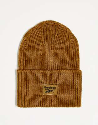 Reebok ribbed logo beanie in mustard brown | ASOS