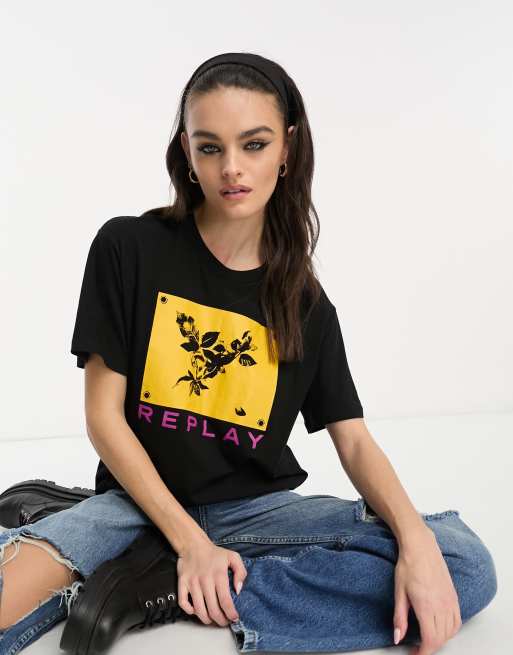 Replay graphic logo t-shirt in black | ASOS