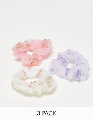 Revolution - Set van 3 scrunchies van gebloemd organza | ASOS