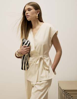 River Island Beige off shoulder wrap tie tunic top in ecru | ASOS
