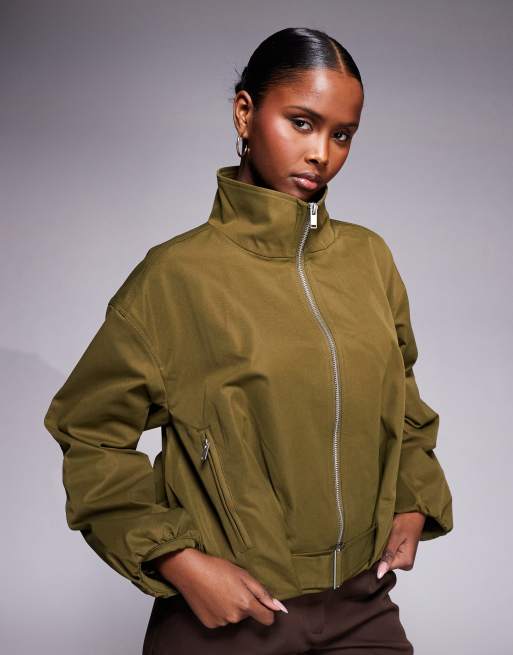 River Island belted funnel neck jacket in khaki | ASOS