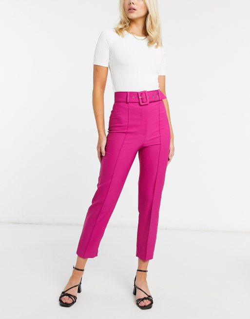 River Island buckled peg pants in hot pink | ASOS