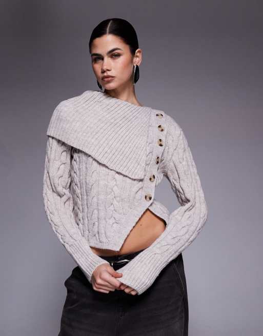 River Island Cable knit fold over jumper in beige - light | ASOS