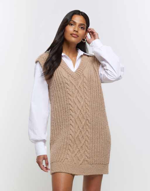 River Island Cable knit jumper mini dress in beige | ASOS