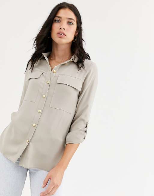 River Island Camicia In Raso Con Tasche Oversize Color Crema Asos