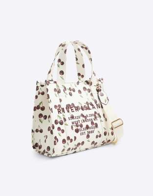 River Island Cherry embossed tote bag in cream | ASOS