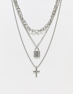 River Island - Collier multi-rangs avec pendentif croix et cadenas ...