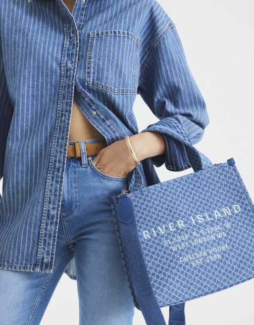 River Island Denim monogram tote bag in blue | ASOS