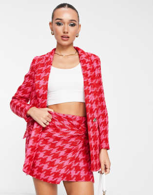 River Island dogtooth boucle blazer in bright pink (part of a set) | ASOS