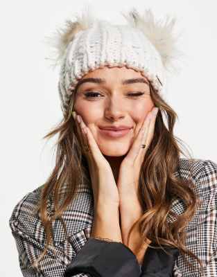 River Island Double Pom Pom Cable Knit Beanie In White-pink | ModeSens