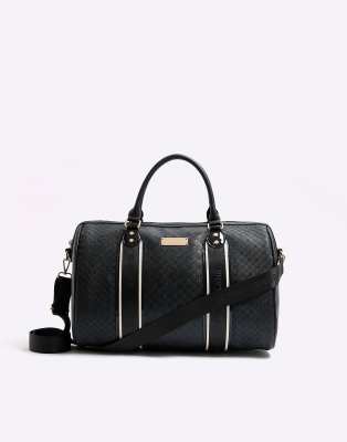 River Island Embossed monogram travel bag in black | ASOS