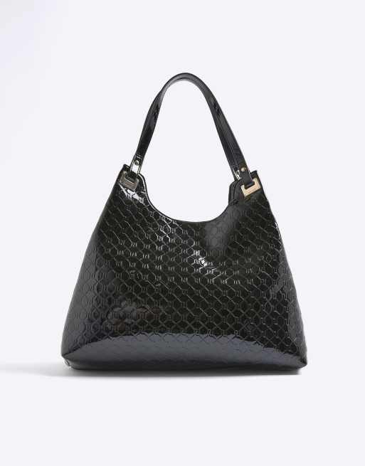 River Island Embossed ri monogram chain slouch bag in black | ASOS