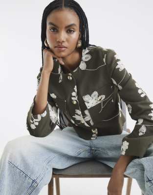 River Island Embroidered collarless jacket in khaki | ASOS