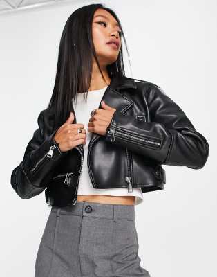River Island Faux Leather Crop Biker Jacket In Black | ModeSens