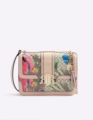 River Island Floral monogram satchel bag in beige | ASOS