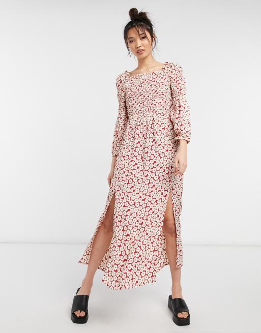 River Island Floral Shirred Midi Dress In Red Asos