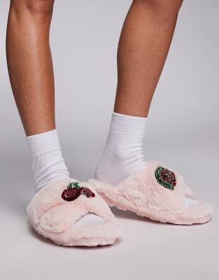 River Island fluffy slippers with embellished detail in light pink | ASOS