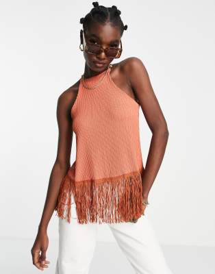River Island fringe beaded singlet top in orange | ASOS