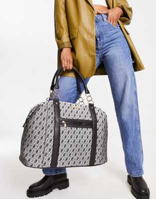 River Island jacquard monogram holdall weekend bag in grey | ASOS