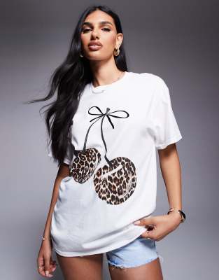 River Island leopard print cherry boyfriend t-shirt in white | ASOS