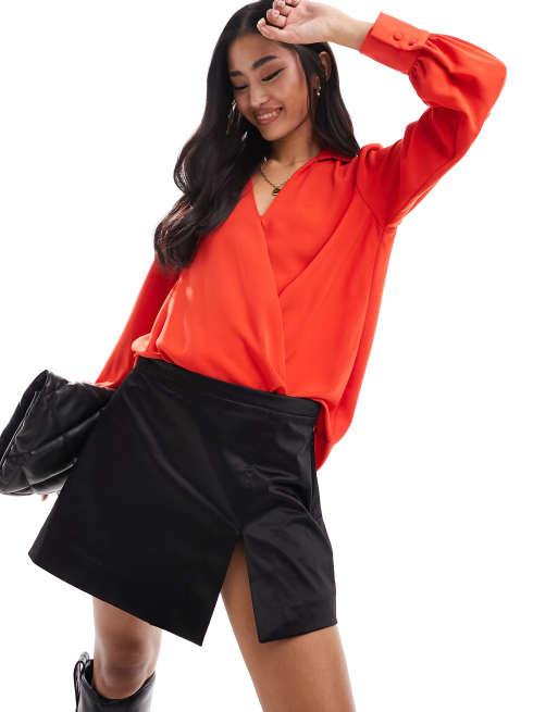 River Island Long Sleeve Wrap Blouse In Red Bright Asos