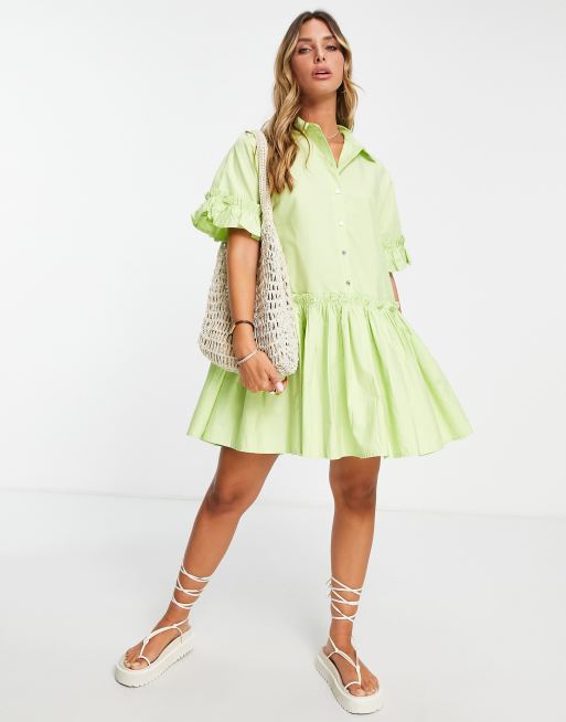 River Island – Luźna zielona sukienka koszulowa mini z popeliny | ASOS