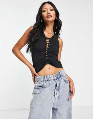 River Island macrame tank top in black | ASOS