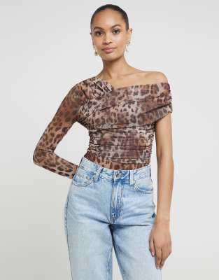 River Island Mesh leopard print asymmetric bodysuit in brown | ASOS