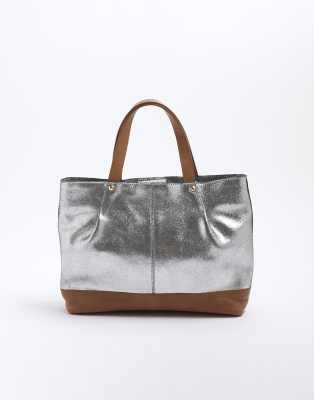 River Island Metallic leather shopper bag in silver | ASOS