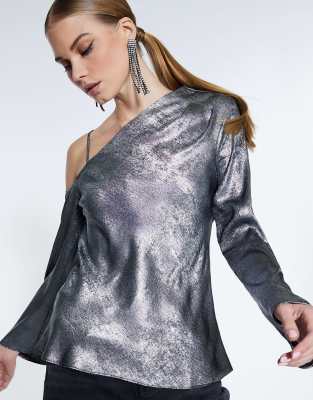 River Island Metallic one shoulder top in silver | ASOS