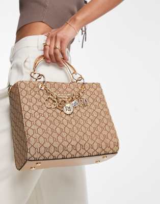 River Island monogram charm tote bag in beige | ASOS