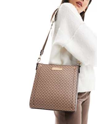 River Island monogram messenger bag in brown | ASOS