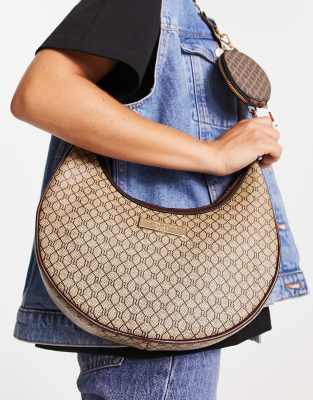 River Island monogram scoop cross body bag in brown | ASOS