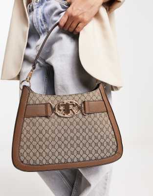 River Island monogram scoop handbag in brown | ASOS