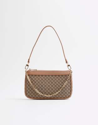 River Island monogram shoulder bag in brown | ASOS