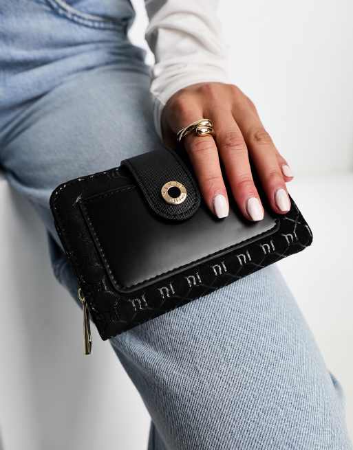 River Island monogram tab front purse in black | ASOS