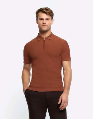 River Island Muscle fit knitted half zip polo in rust | ASOS