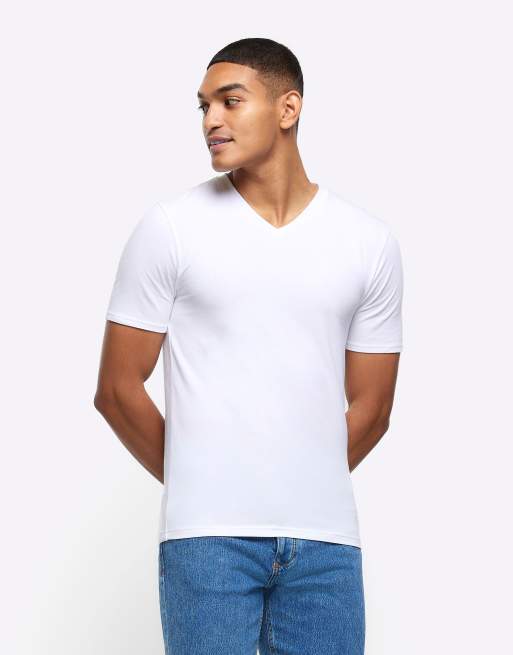 River Island Muscle Fit V Neck T Shirt In White Asos
