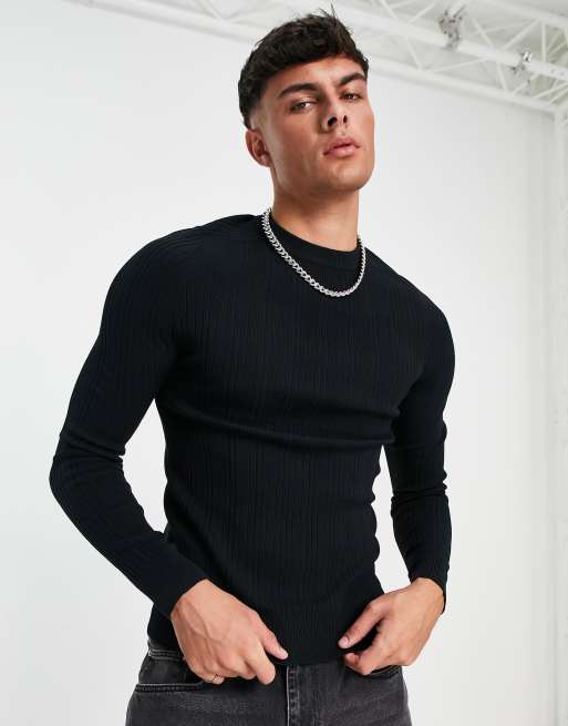 River Island muscle rib crew neck sweater in black | ASOS