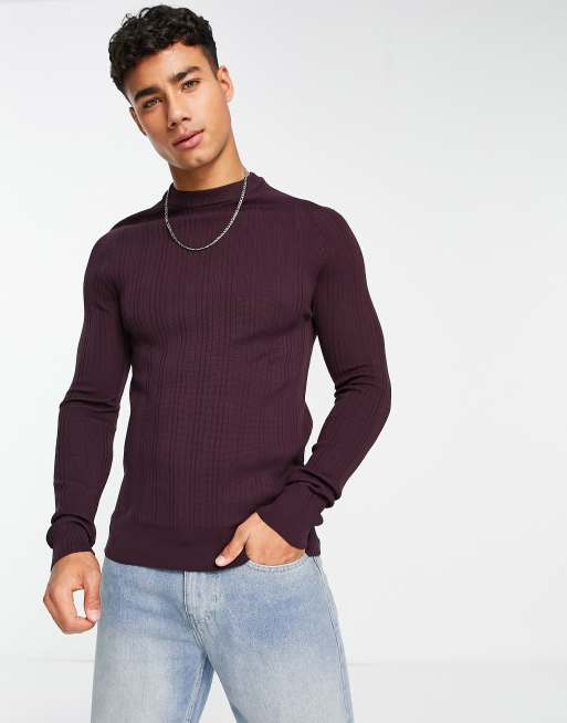 River Island muscle rib crew neck sweater in burgundy | ASOS