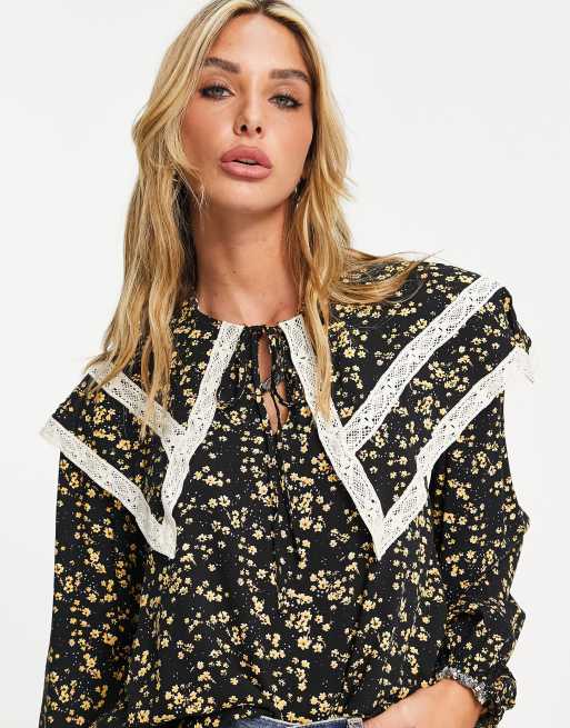 River Island oversized collar praire blouse in black | ASOS
