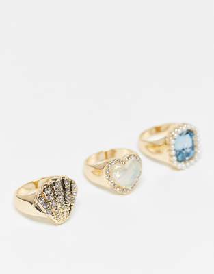 River Island pack of 3 shell and jewel rings in gold tone | ASOS