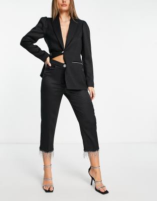 River Island - Pantalon d'ensemble en jacquard avec ourlet orné de franges à strass - Noir | ASOS