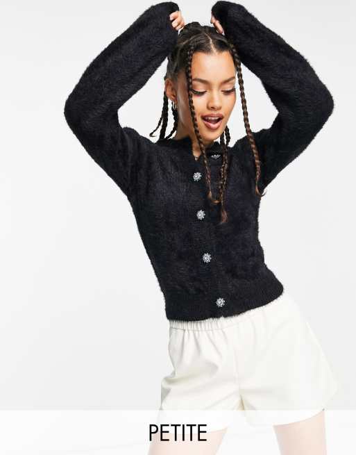 River Island Petite - Gilet duveteux à boutons ornés de strass - Noir | ASOS