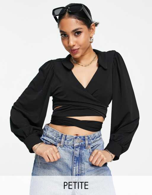 River Island Petite wrap around tie shirt in black | ASOS