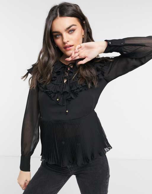 River island plisse tie front ruffle blouse in black | ASOS